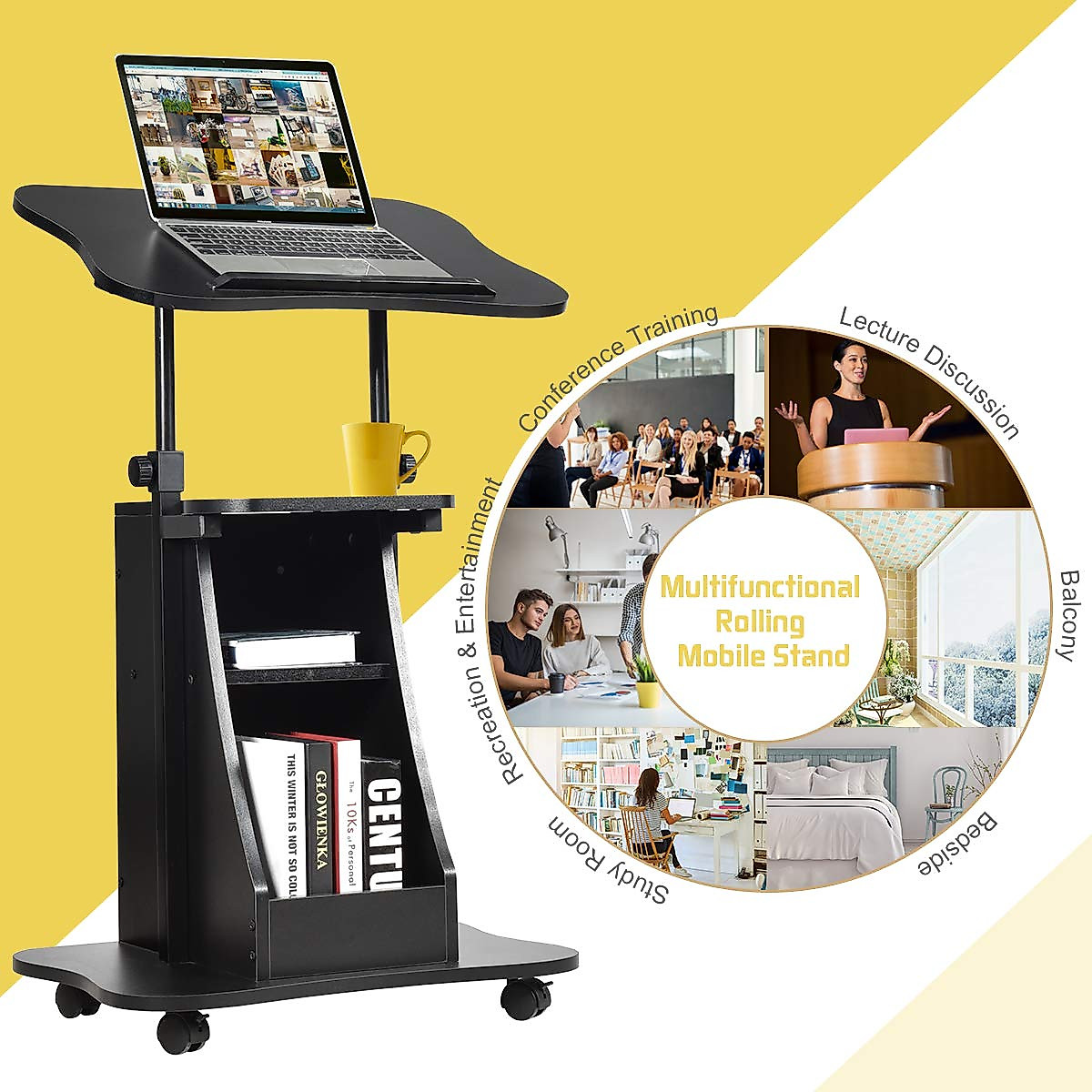 Tangkula Mobile Laptop Podium, Height Adjustable Podium Stand, Standing Desk, Rolling Desk Laptop Cart with Swivel Top & Movable Wheels