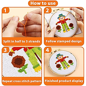 ZOIIWA 6PCS Fall Cross Stitch Kits for Beginners Autumn DIY Embroidery Kit for Kids Adults Fall Thanksgiving Gift Turkey Pumpkin Maple Leaf Truck Squirrel Scarecrow Craft Needlepoint Starter Supplies
