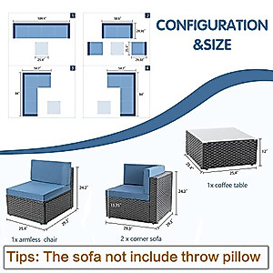 Shintenchi 5 Pieces Outdoor Patio Sectional Sofa Couch, Black PE Wicker Furniture Sets, Patio Conversation Sets with Washable Cushions Glass Table for Garden, Poolside, Backyard,Aegean Blue