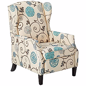 GDFStudio Westeros Traditional Wingback Fabric Recliner Chair (White & Blue Floral)