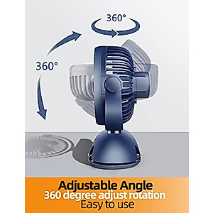 Viniper Rechargeable Clip Fan, Battery Operated Fan : 4 Speeds Strong Wind & 360° Rotation, Sturdy Clamp, Portable Clip on Fan, Quiet and Powerful for Home Office Travel Camping (Blue)
