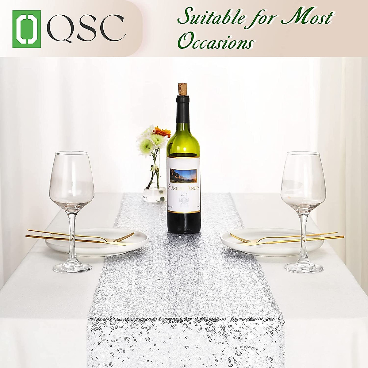 OQSC Sequin Table Runners 72 Inches Long Christmas Glitter Rectangle Table Runner for Party, Wedding, Bridal 2 Pcs, Silver