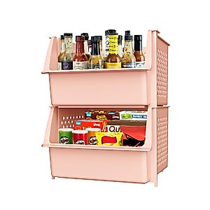 Skywin Plastic Stackable Storage Bins for Pantry - 2 Pack Stackable Bins For Organizing Food, Kitchen, and Bathroom Essentials (Cream)