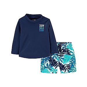 Simple Joys by Carter's Boys' Swimsuit Trunk and Rashguard Set, Navy White Tropical, 2T