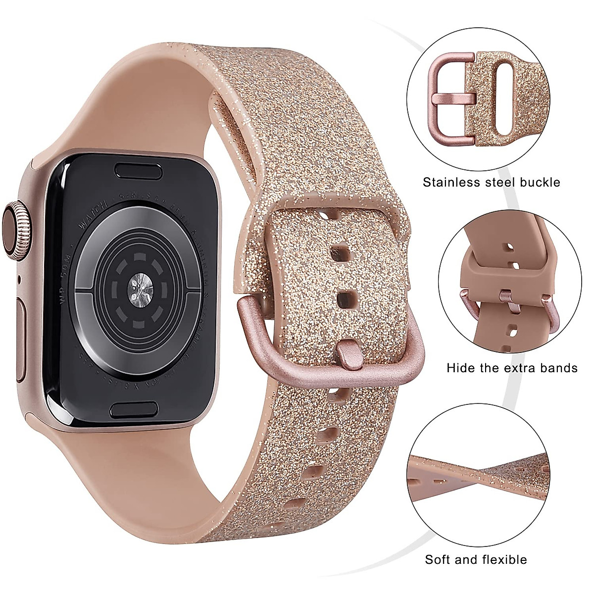 IEOVIEE Compatible with Apple Watch Band 38mm 40mm 41mm, Women Glitter Bling Soft Silicone Sport iWatch Bands Strap Replacement for iWatch Series SE 7 6 5 4 3 2 1, Rose Gold Glitter, 38/40/41mm