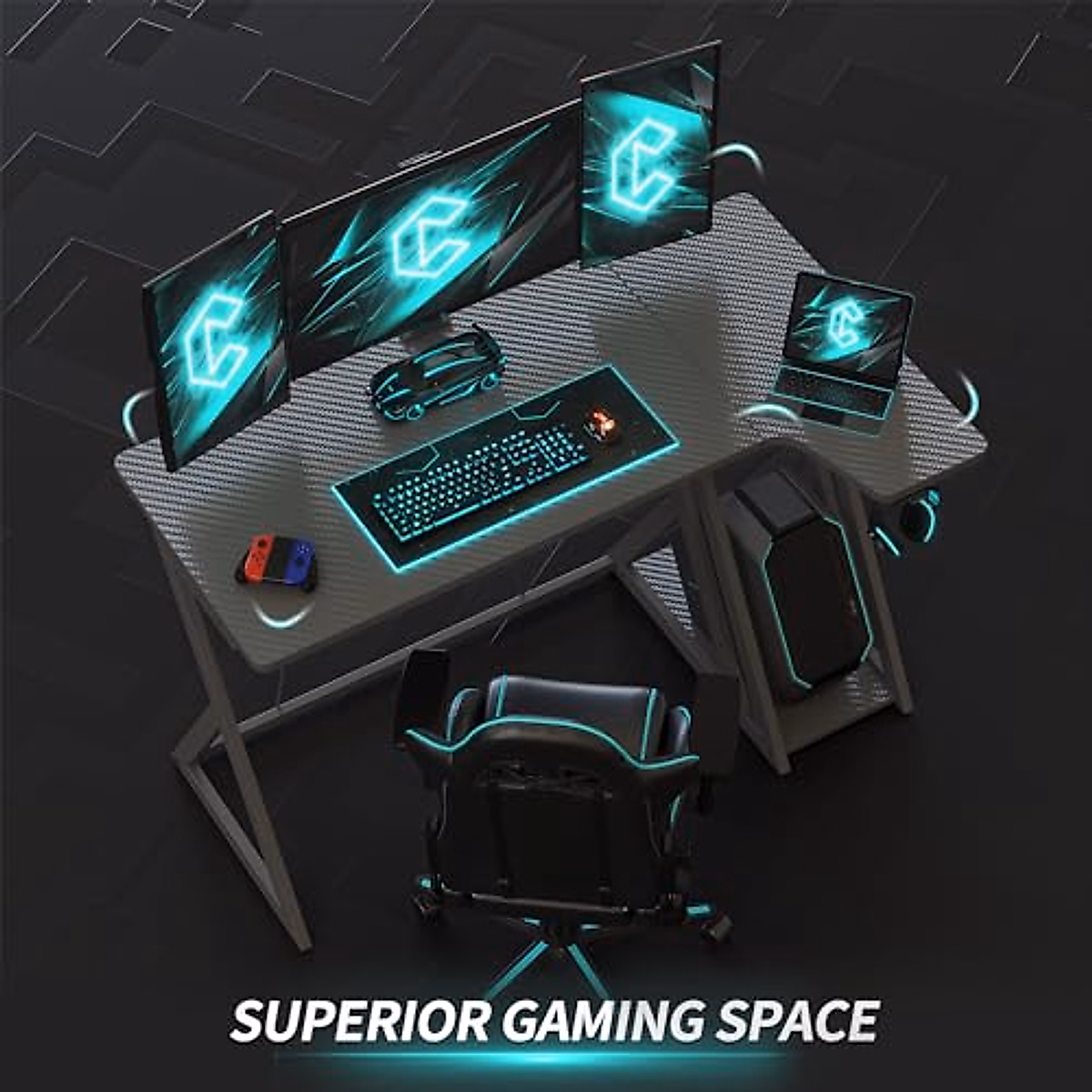 CubiCubi Aurora Gaming Desk with Carbon Fiber Surface, 40 Inch L Shaped Desk with Storage Shelves, Small Corner Computer Desk with Monitor Shelf, Gamer Desk PC Table, Grey