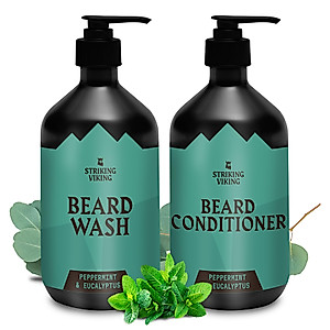 Striking Viking Beard Wash and Conditioner (Peppermint & Eucalyptus) - Paraben & Sulfate Free Beard Shampoo & Beard Conditioner For Men with Jojoba Oil - Care For All Beard Types (10oz Per Bottle)