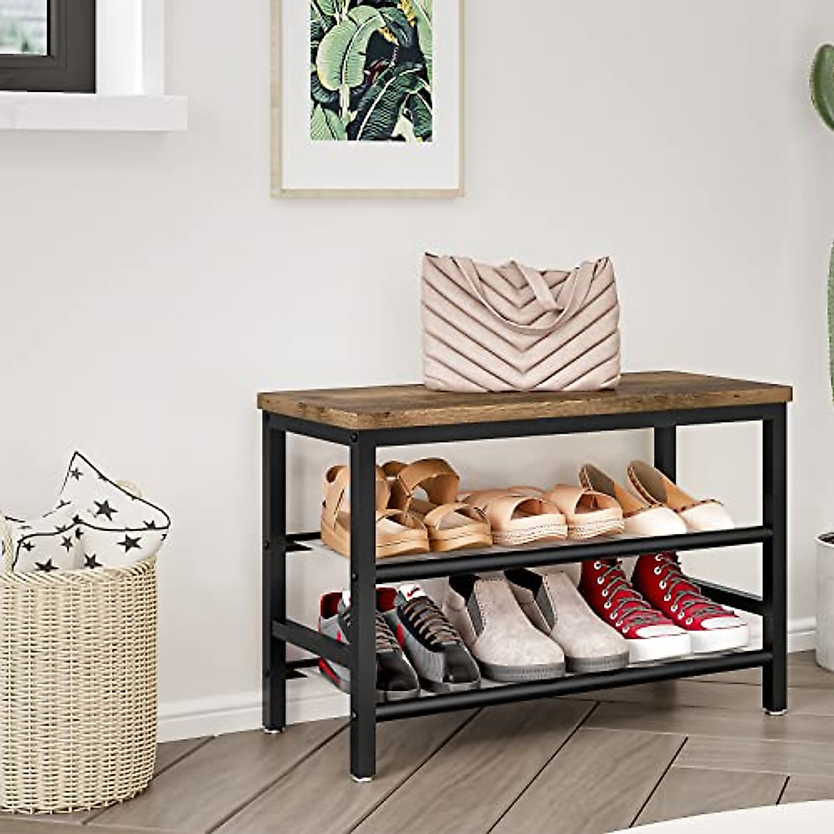 LINZINAR Shoe Rack Bench Organizer Storage 3 Tier Metal Shoe Shelf for Closet Entryway Bedroom with MDF Top Board Black