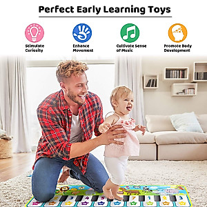RenFox Baby Musical Mats with 42 Music Sounds, Kid Floor Piano Keyboard Dance Mat Animal Blanket Touch Playmat, Early Education Toys Gift for 1 2 3+ Years Old Toddlers Boys Girls