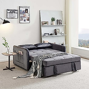 Antetek 3-in-1 Sleeper Sofa Bed w/USB Port, Modern Convertible Tufted Velvet Upholstered Pull Out Futon Couch, 55.5" W Small Loveseat Sofa for Office Living Room Small Space, Grey