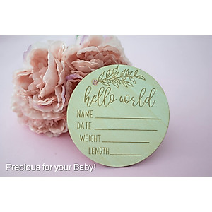 Baby Luv Hello World Announcement Sign with Custom Birthstone and Bonus Free Pen by BABY. Compact 4 Inch Birth Sign. Wooden Disc Announcements 1 Count. Newborn Sign-May, Green