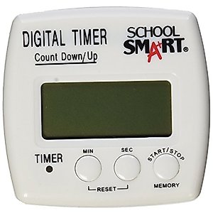 School Smart Count up/Count Down Timer, Digital, (1) AAA Battery, 2-3/4 in W X 2-3/4 in H X 1 in D, Assorted Color, Assorted Size - 084280