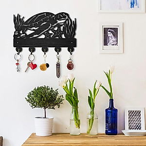 INFUNLY Ocean Theme Key Holder with 5 Key Hooks Black Wall Mounted Key Hangers Turtle Key Hangers Wood Key Rack for Home Decor Hallway, Entryway, Bedroom, Mudroom, Office 11.8inchx7.6inch