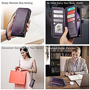 Defencase Galaxy S23 Plus Wallet Case, RFID Blocking PU Leather, Magnetic Flip & Zipper Card Holder - Fashion Purple