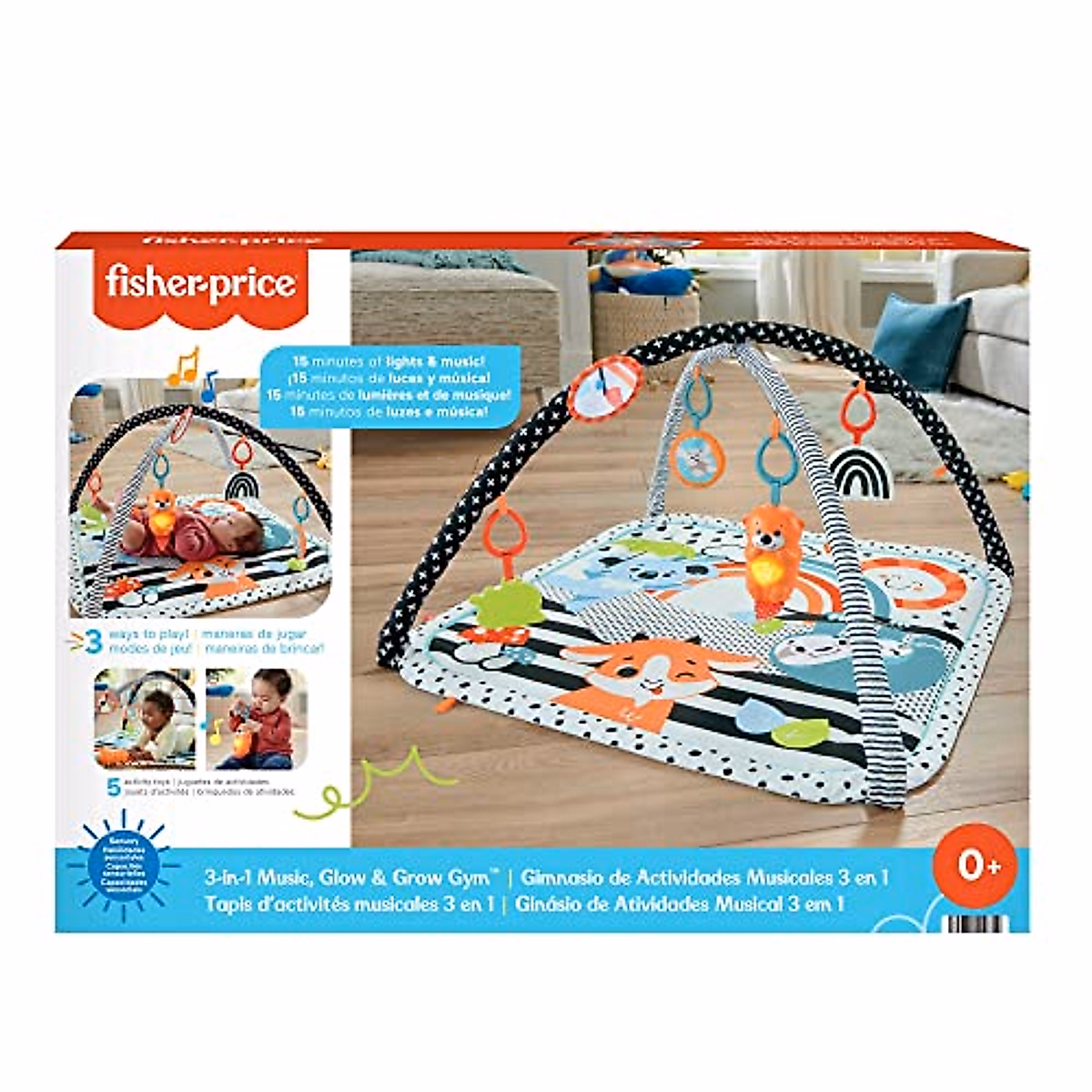 Fisher-Price 3-in-1 Music, Glow and Grow Gym, Infant Activity Play mat for Tummy time and take Along