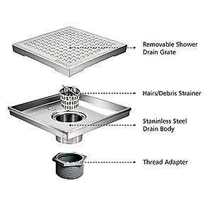 Bernkot Square Shower Drain 6", 304 Stainless Steel Floor Drain w/Hair Strainer, Grid Shower Drain w/CUPC Certified, Brushed