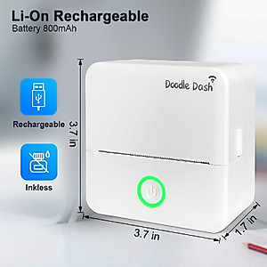 Doodle Dash Printer Mini Printer Sticker Maker Bluetooth Connection Cell Phone, Tablet with 5 Self-Adhesive Rolls Printing Paper Wireless Inkless Pocket Printer Suitable for Photos, Study (White)