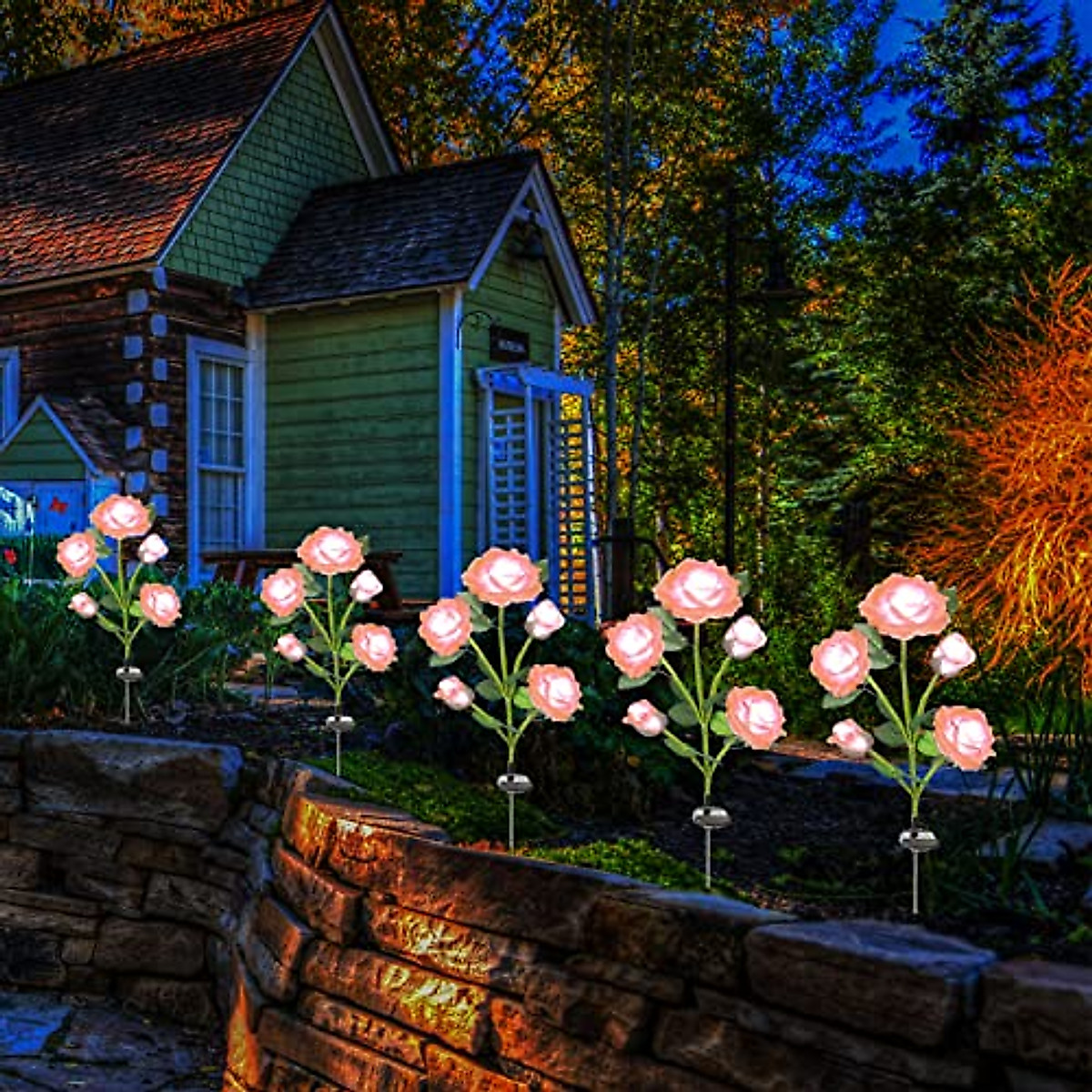 SmilingTown Solar Garden Stake Lights 2 Pack with 10 Rose Flowers Landscape Path Decorative Lights Waterproof for Outdoor Yard Grave Cemetery Pathway Courtyard Lawn (Pink)