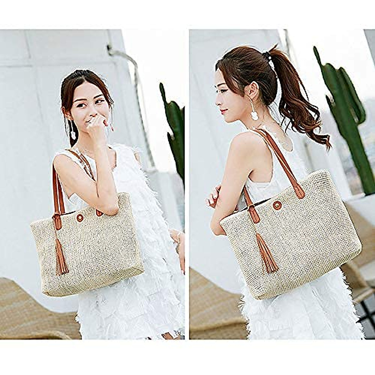 Goclothod Fashion Handbags Women Woven Straw Bag Summer Beach Tote Purse