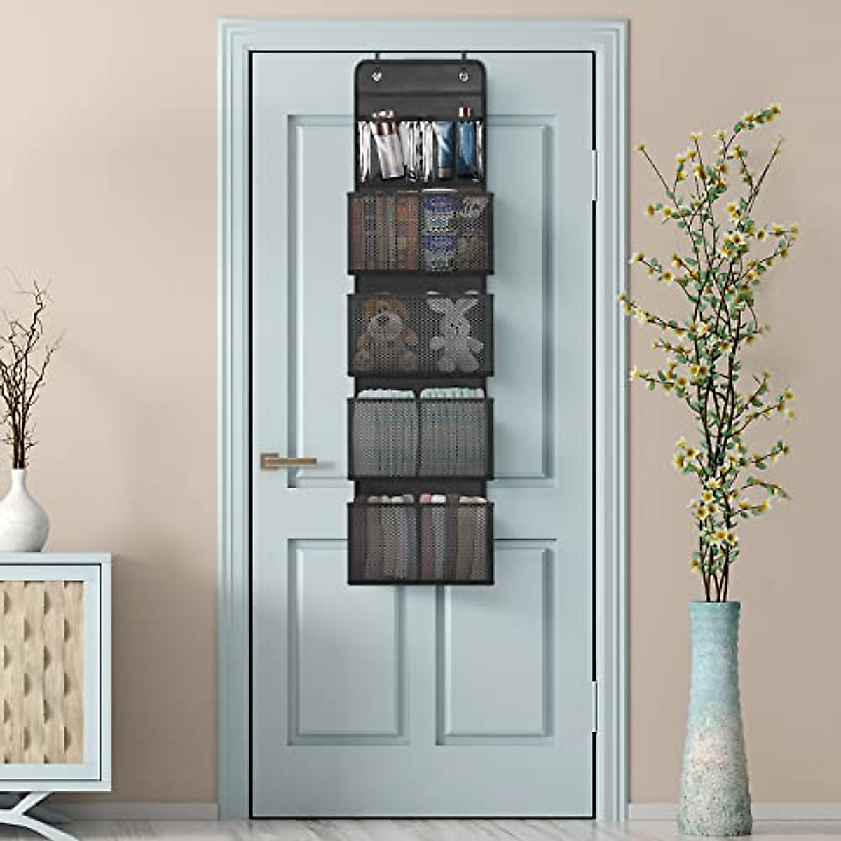 NPET Over Door Hanging Organizer Wall Mount Storage with Clear PVC Pocket, EVA Waterproof Mesh Pocket and Oxford Cloth Material for Closet Bedroom Nursery Dorm (33BK01, Black)