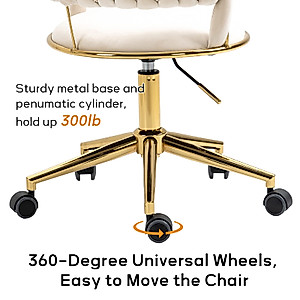 NIOIIKIT Velvet Office Desk Chair with Hand Woven Backrest, 360° Swivel & Height Adjustable Task Chairs, Makeup Chair, Living Room Chairs with Stainless Base and 5 Wheels (Ivory)
