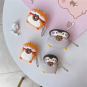 UR Sunshine AirPods 1/2 Case, Cute Standing Grey Penguin Holding Donut in Hand Shape AirPods Cover Case, Soft Silicone Gel Kawaii Puppy Charging Earphone Case for AirPods 1/2 +Hook