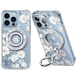 GVIEWIN Bundle - Compatible with iPhone 13 Pro Case (Hibicus) + Magnetic Phone Ring Holder (Glitter/Silver)