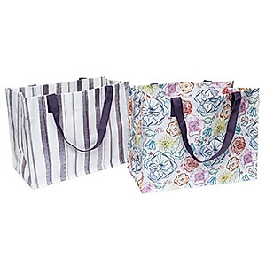 Reusable Tote Bag - 2 Pack Market Tote, Large Durable Water Resistant Fabric Bags with Handles, Cute Floral and Striped Prints for Shopping, Groceries, Market, Beach, Events, Travel - 17x9.25x13