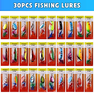 Rooster Bait Tail Spinner Fishing Lures Kit,30pcs Metal Spoon Lures with Feathered Treble Hooks for Bass Walleye Trout Freshwater Saltwater