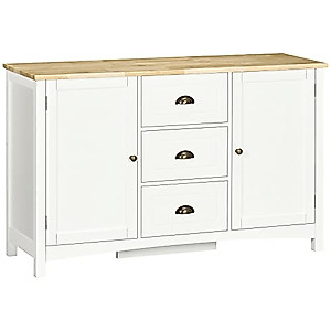 HOMCOM Sideboard Buffet Cabinet, Retro Kitchen Cabinet, Coffee Bar Cabinet with Rubber Wood Top, Drawers, Adjustable Shelves for Living Room, Entryway, White