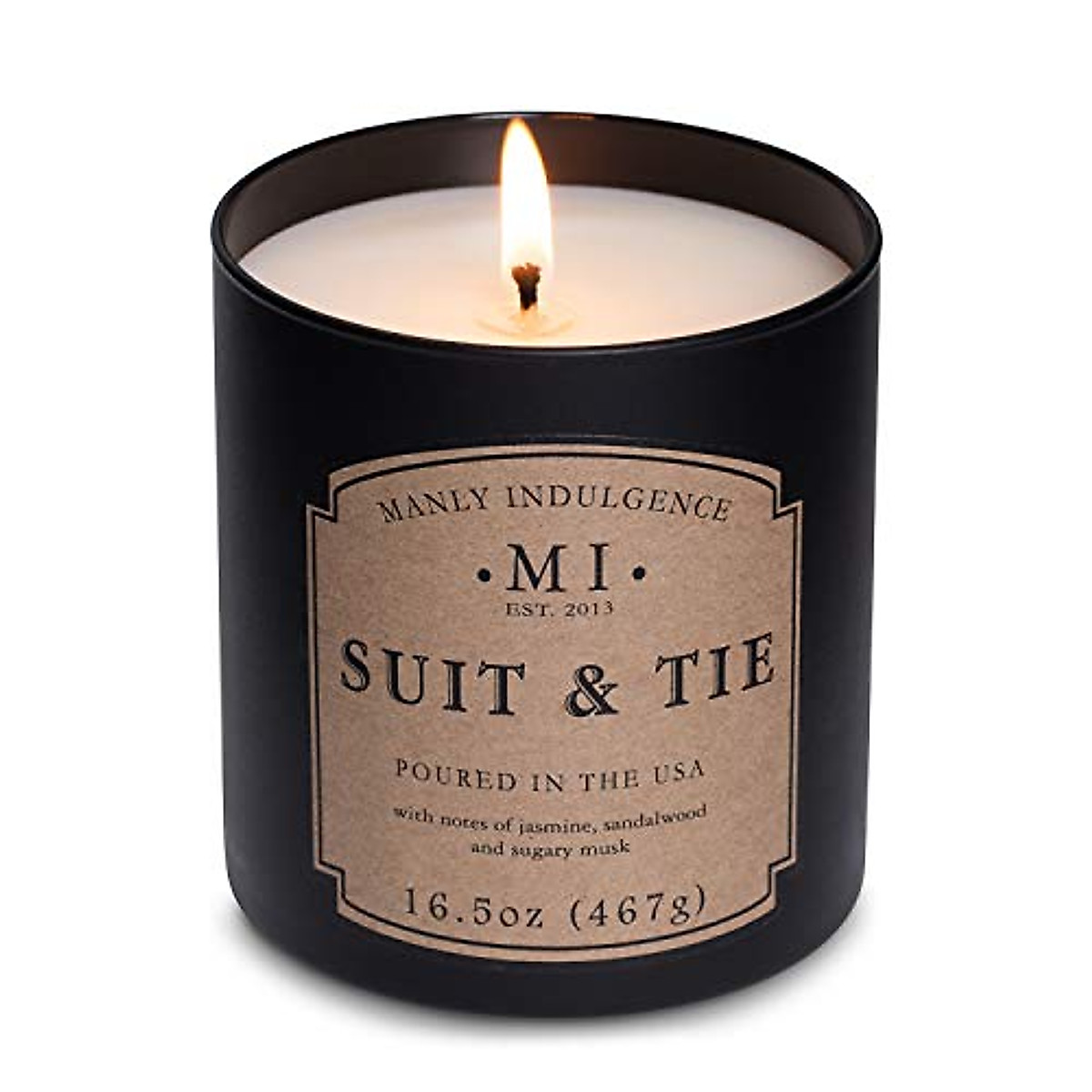 Manly Indulgence Suit & Tie Scented Jar Candle, Cotton Wick, Premium Soy Blend White Wax, 60 hr Burn, Matte Black Jar Candle for Home and Men, 16.5 oz - USA Poured