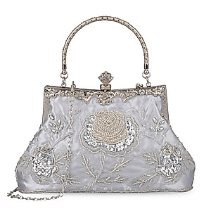 KISSCHIC Women's Handbag Vintage Rose Embroidered Beaded Sequin Evening Bag Wedding Party Clutch Purse (Silver)