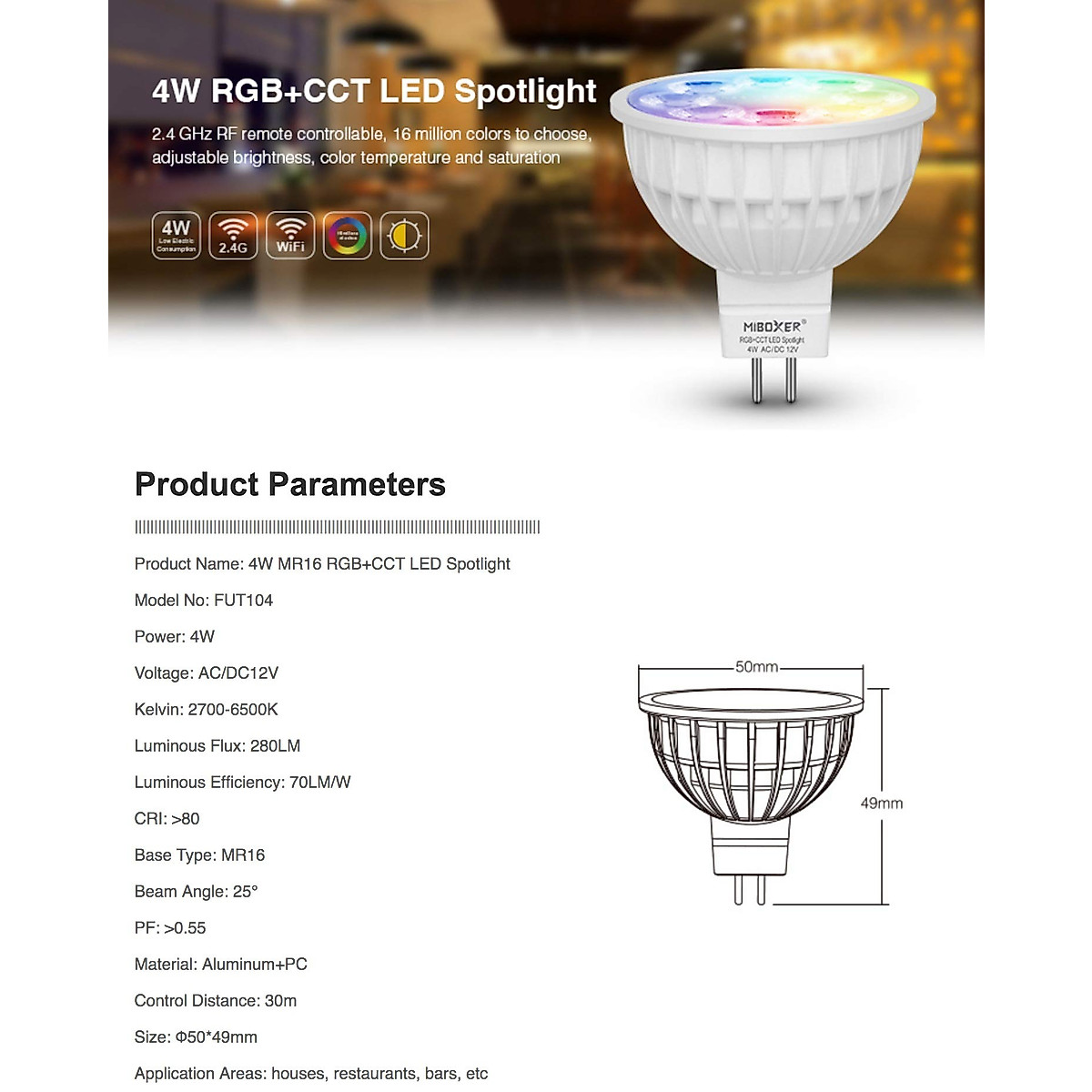 Mi Light MR16 Color Changing LED Spotlight WiFi RGB +CCT 4 Watt Warm White Dimmable (4W MR16)