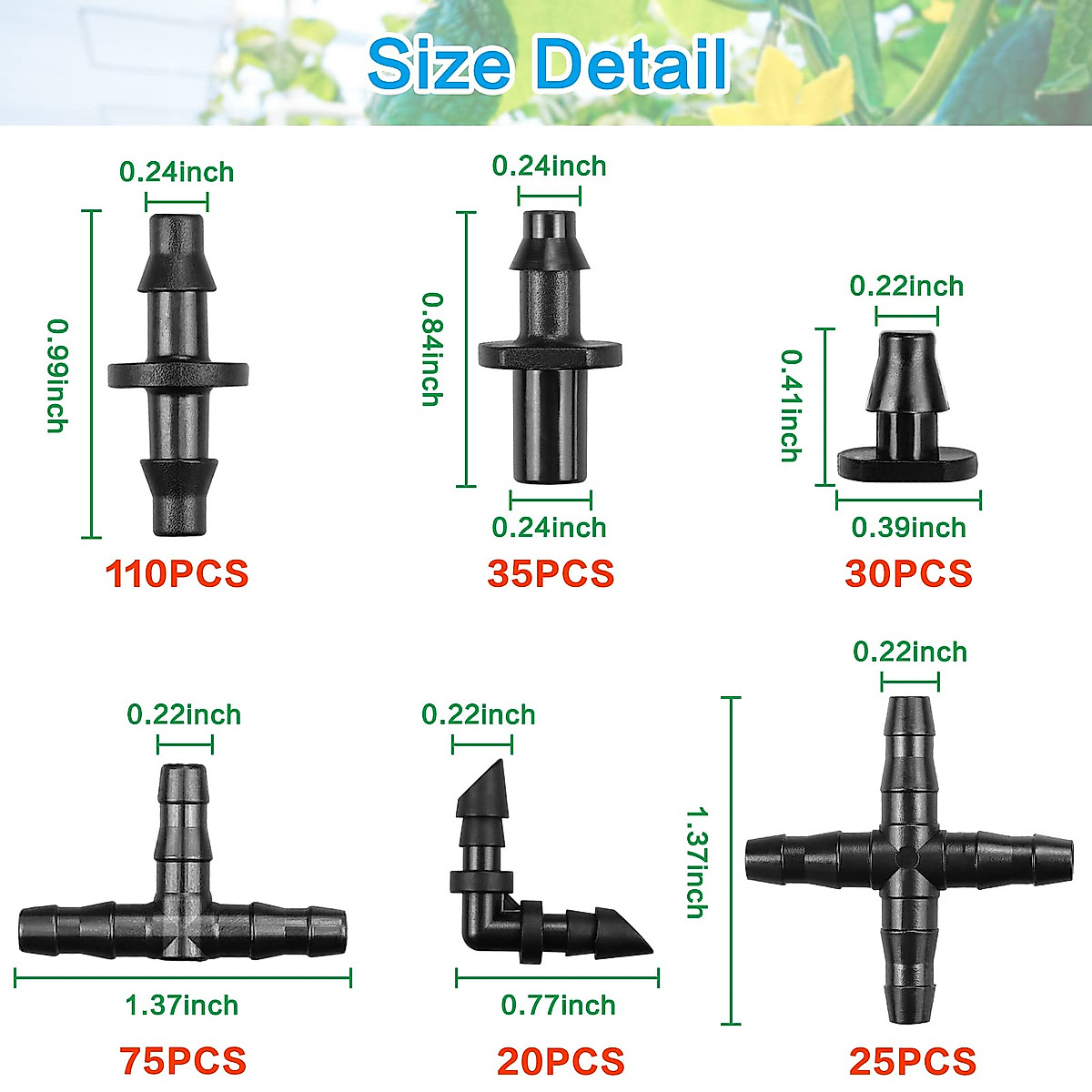 295 Pcs Drip Irrigation Fittings Kit for 1/4" Tubing - 110 Straight Barbs,35 Single Barbs,75 Tees,20 Elbows,30 End Plug,25 4-Way Coupling - Barbed Connectors Fittings for Sprinkler Systems