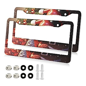YETTASBIN Christmas Santa Claus License Plate Frames, Decorative License Plate Covers, 2 Packs Universal Aluminum Tag Frame with 2 Holes & Screw Caps for Front and Rear Car Tags, Round Hole