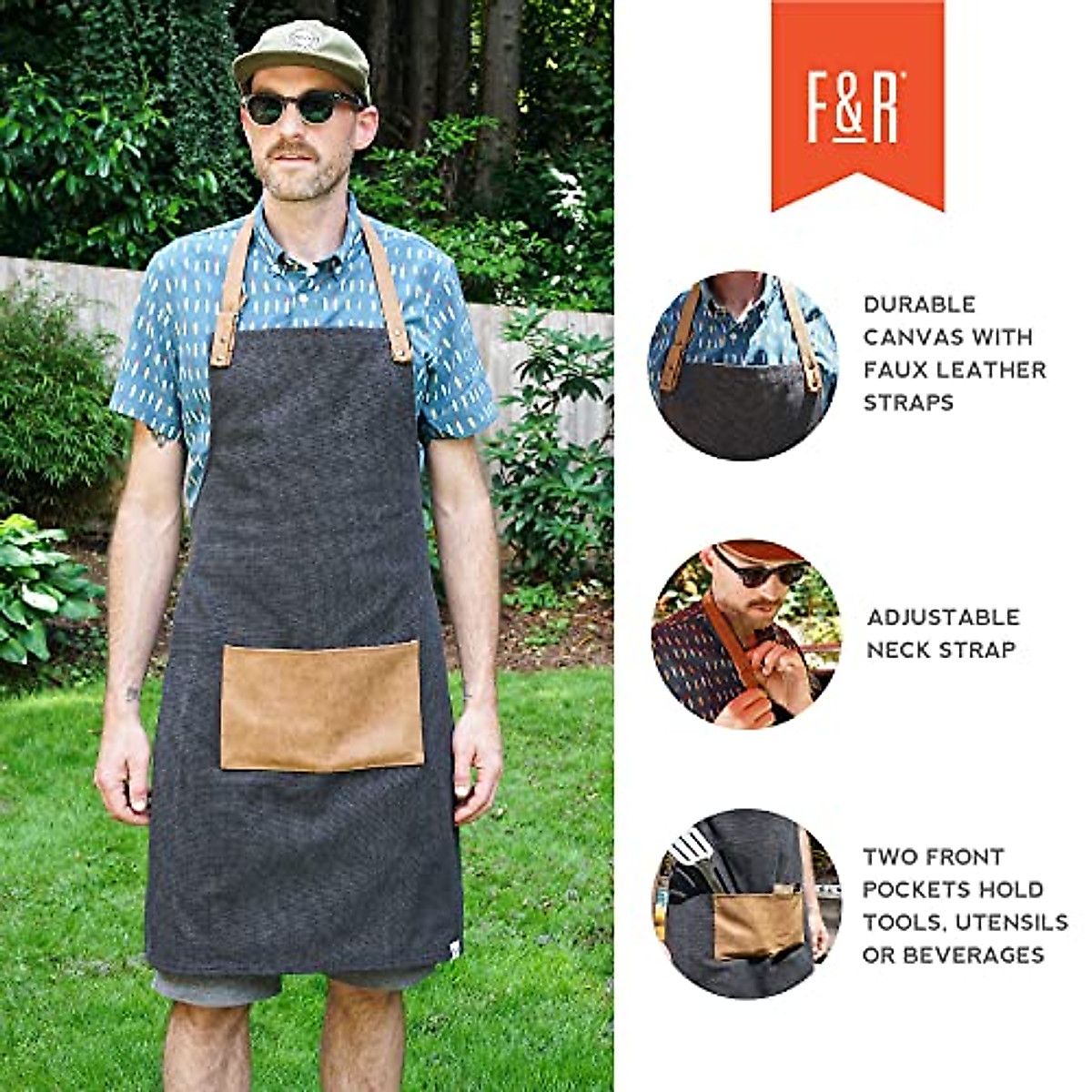 Foster & Rye Grilling Apron with Pocket, Canvas Apron for Men with Adjustable Strap, BBQ & Grill Accessories for Indoor & Outdoor Cooking, 35" x 26.75", Black