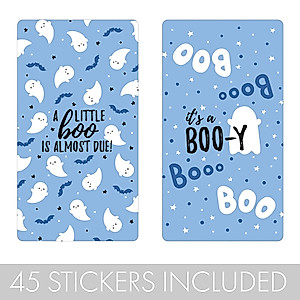 Blue A Little Boo is Almost Due Boy Baby Shower Wrappers for Mini Chocolate Bars, Halloween Baby Shower Party Favor Candy Stickers - 45 Count