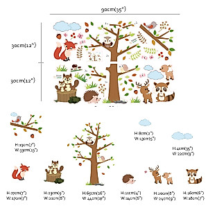 Runtoo Forest Animals Tree Wall Decals for Kids Fox Squirrel Deer Door Wall Stickers Girls Bedroom Baby Nursery Wall Decor