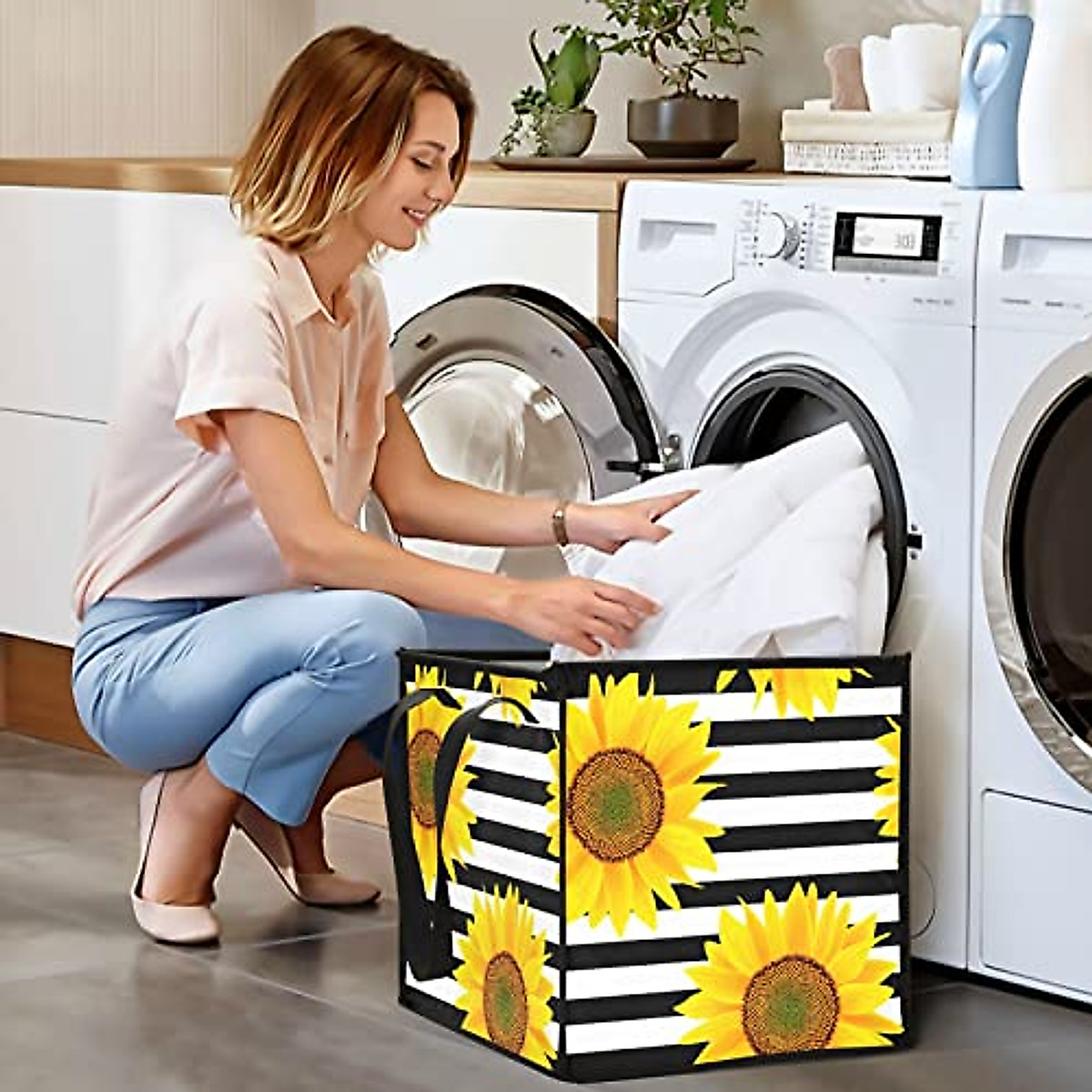 KEEPREAL Sunflower Black and White Stripes Cube Storage Bin with Handles, Large Collapsible Organizer Storage Basket for Home Decorative(1Pack,10.6 x 10.6 x 10.6 in)