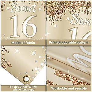 Happy Sweet 16th Birthday Banner Backdrop Decorations for Girls, Gold White Sweet 16 Birthday Sign Party Supplies, Sixteen Year Old Birthday Photo Booth Background Poster Decor(72.8 x 43.3 Inch)