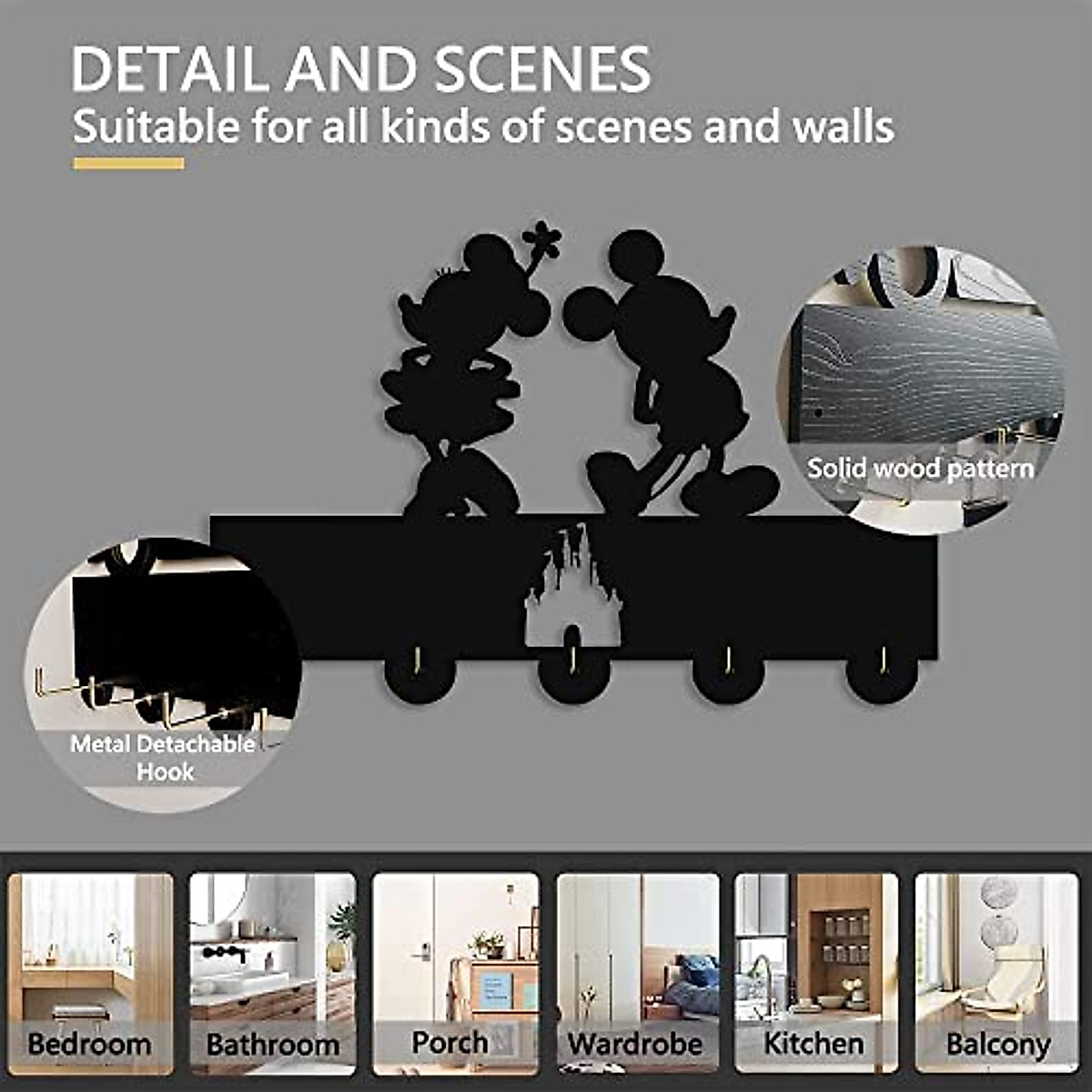 Key Hooks Black for Wall 5-Hooks Wooden Key Holder for Wall Home Decoration for Living Room Hook Entryway and Living Room Key Hanger for Kitchen Wall Key Holder