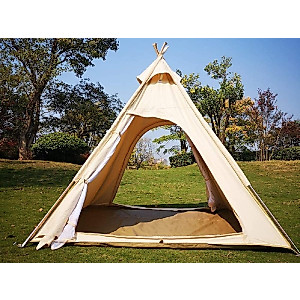 7’x7’x6.5’Outdoor Cotton Canvas 2-3 Person 3 Seasons Bell Teepee Tent with Double Door Spire Tent Pyramid Tents for Family Camping