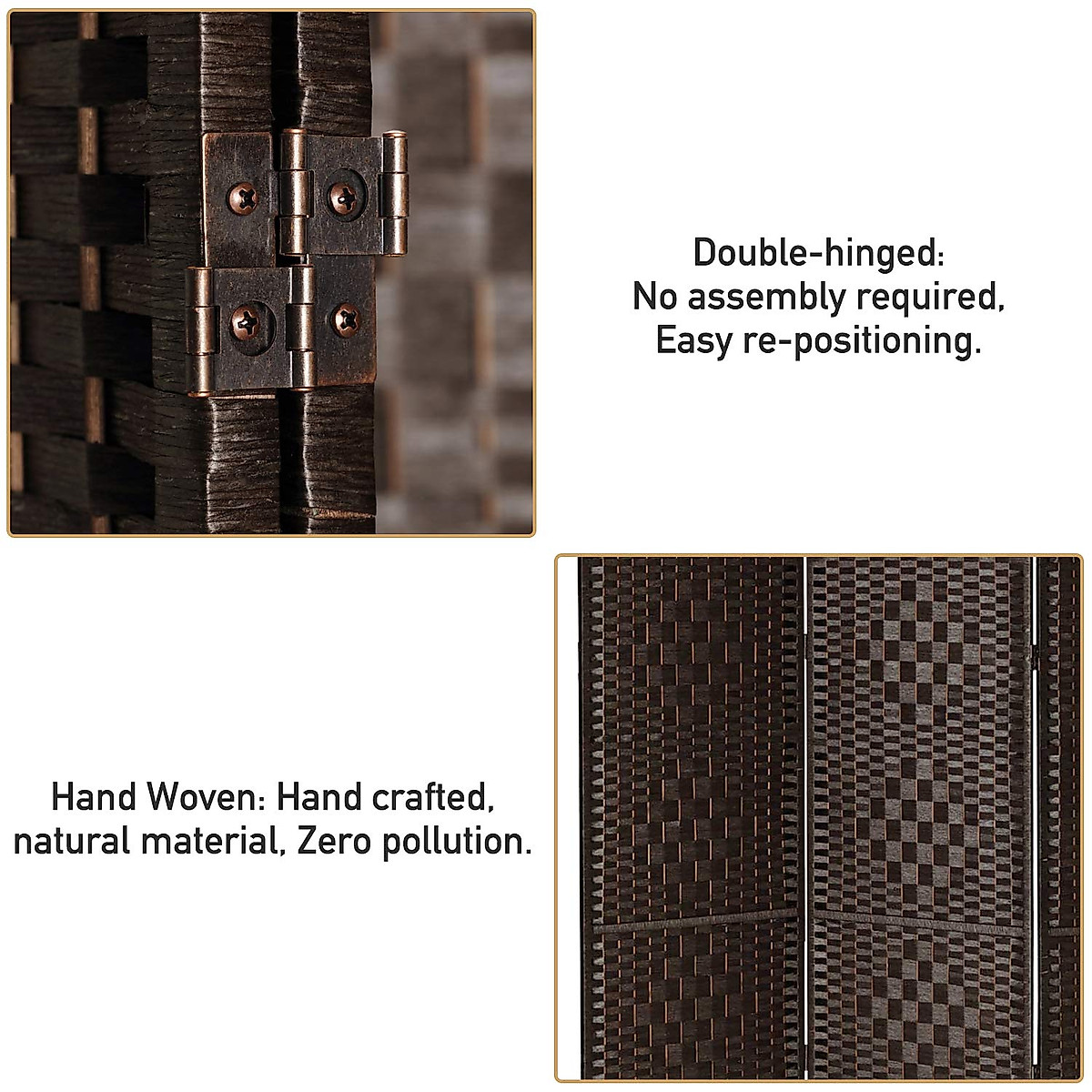Room Dividers, 6Ft. Tall Extra Wide 19" Woven Fiber Folding Privacy Screens Panel, Partition & Wall Divider,Space Seperate Decorative Screen Panel,Double Hinged,Freestanding-6 Panel, Dark Coffee