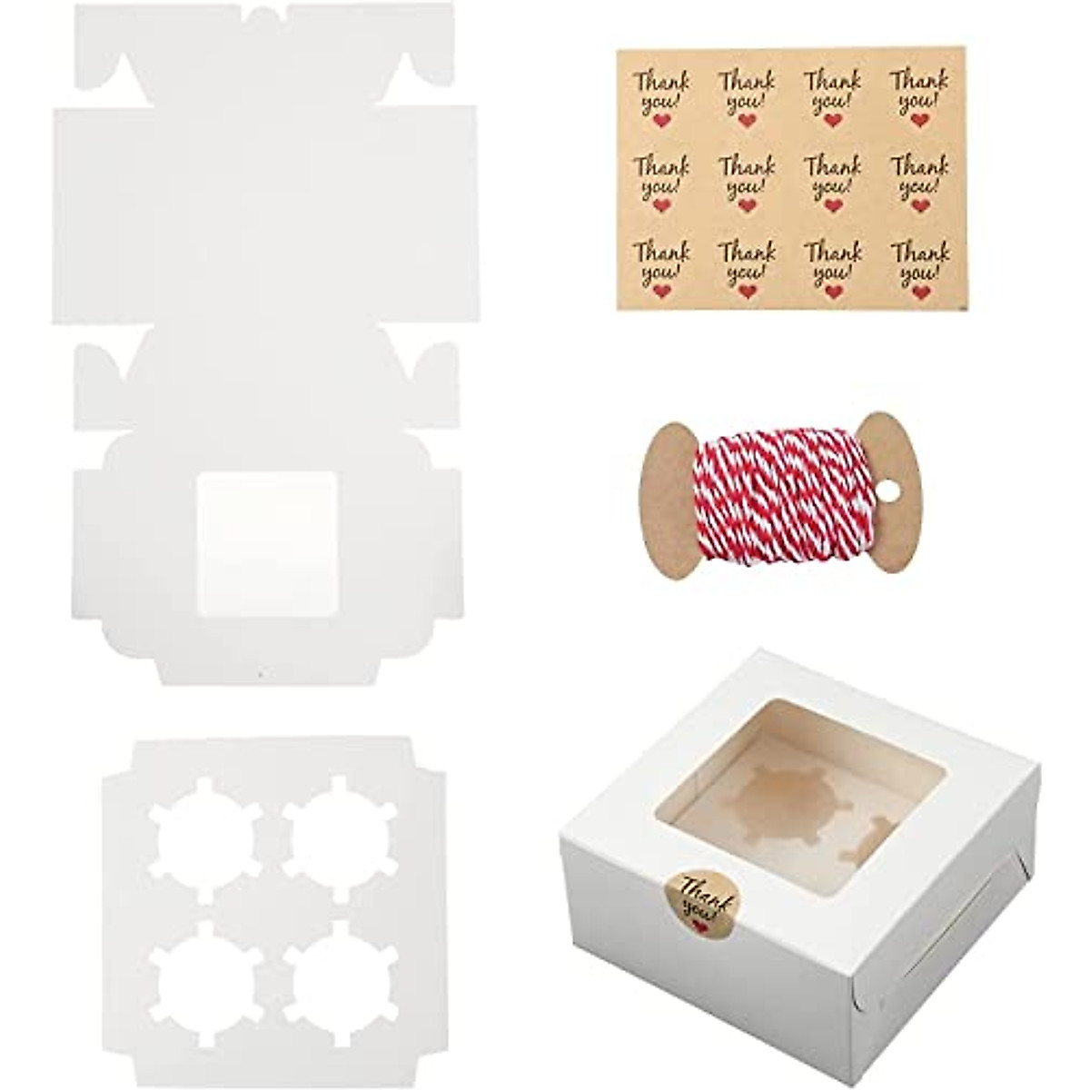 ST.LORIAN 30 Packs Bakery Cupcake Boxes with Window and Inserts 4 Holders,Twine and Stickers,6x6x3 Inch Food Grade Cookie Boxes for Muffins,Small Cakes,Cupcakes(30 Pack, White)