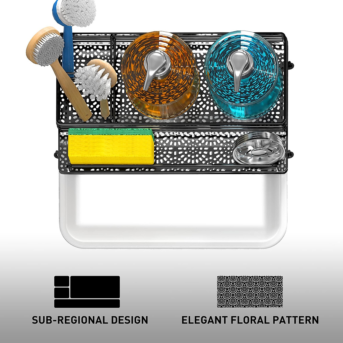 Cisily Sponge Holder for Kitchen, Sink Caddy Organizer, Kitchen Sink Accessories with Drip Tray, Rustproof and Non-slip Kitchen Sink Sponge Holder, Kitchen Essentials for New Home（Matte Black