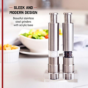 Click n’ Spice Salt and Pepper Grinder Set, Spice Grinders, Salt and Pepper Mill, Shaker, Thumb Press, Stainless Steel, 2 Pack