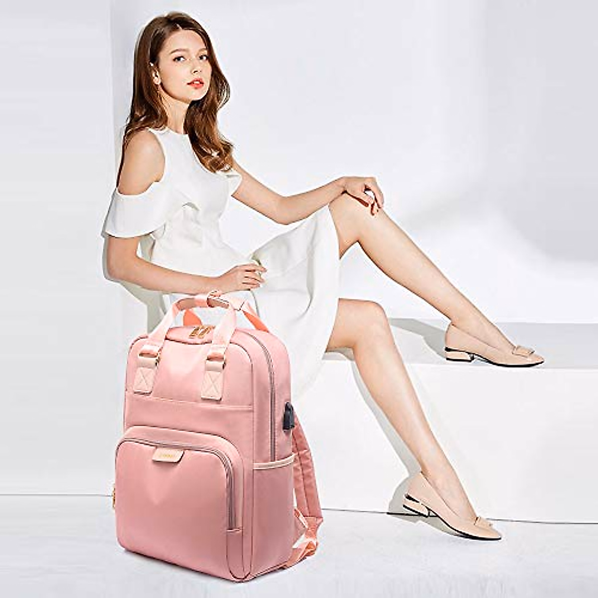 Travel Backpack for Women Men, Laptop Backpack Large Capacity Backpack for School with USB Charging Port, Work Laptop Bag Water Resistant, Waterproof Backpack Anti Theft-Pink