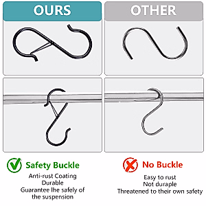 Larmstom 6 S-Hooks with Safety Clasps, Rustproof Coated S Metal Hooks for Hanging Plants, Kitchen Utensils, Jeans, Bags, Pots and Pans, 3.5-Inch, Black