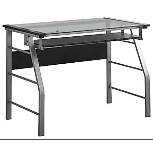 Kings Brand Furniture Computer Desk with Keyboard Tray - Silver Metal & Glass Top Home Office Desk, Gaming Desk for Laptop & Desktop Computer for Students, Remote Worker, & Gamer
