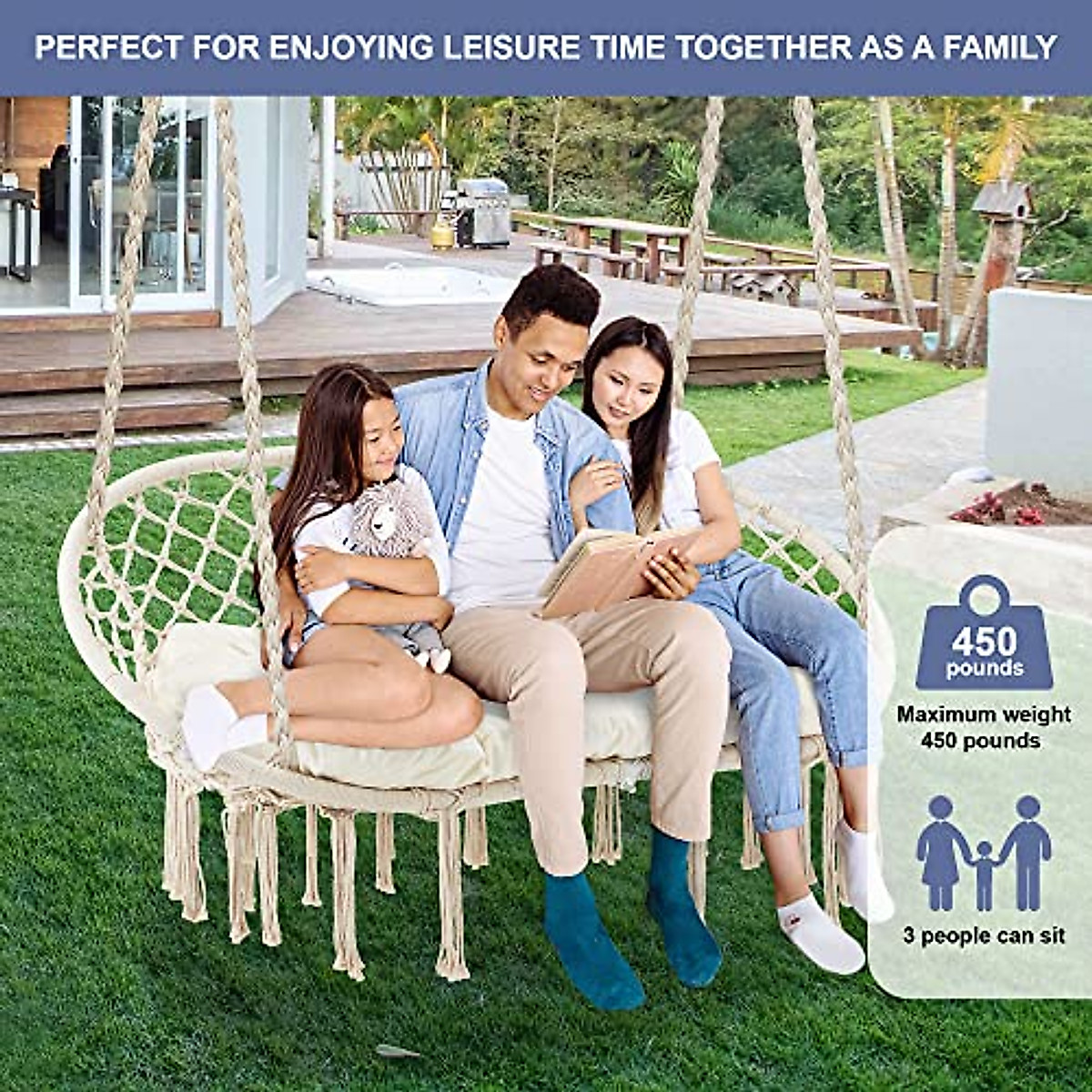 Homgava Hammock Chair Macrame Hanging Swing with Cushion,Hanging Cotton Ropes, Metal Frame, 450 lbs Capacity Indoor Outdoor, Patio, Balcony, Living,Deck, Yard, Garden(Double Swing) Beige